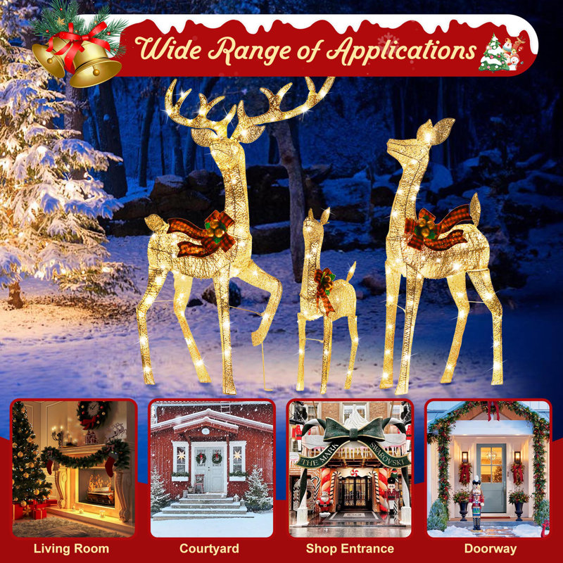 The Holiday Aisle® 3-Piece Lighted 3D Gold Yellow Reindeer Family Outdoor Christmas Decorations ...
